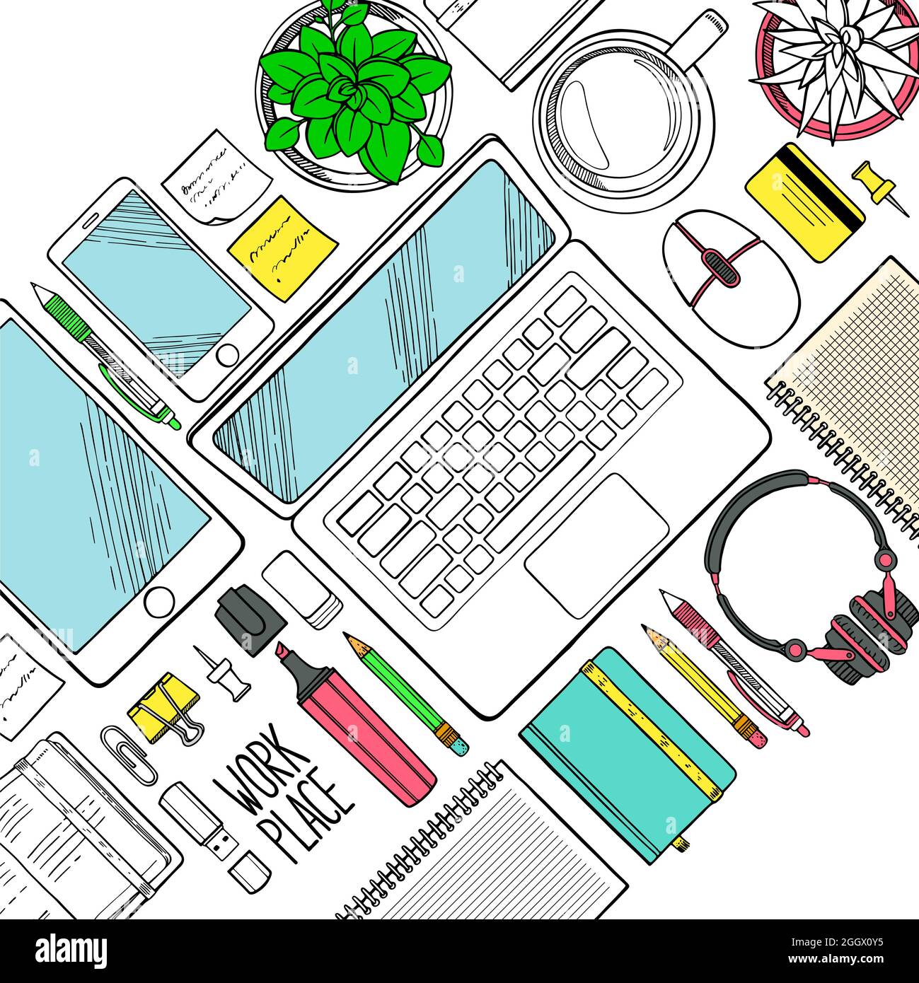 Hand drawn illustration of workplace top view with work elements Stock ...