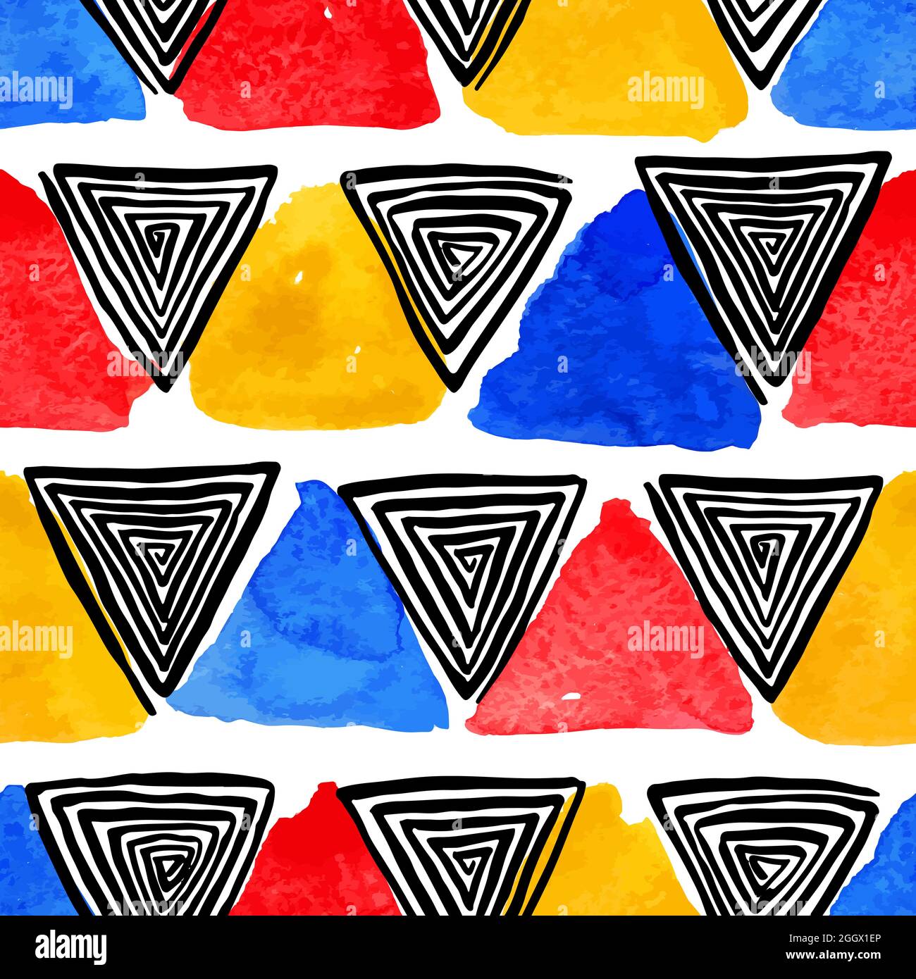 Abstract seamless pattern of colored watercolor and black spiral ...