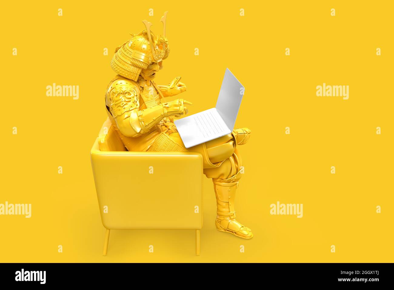 Samurai in traditional armor sitting with laptop. Technology concept ...