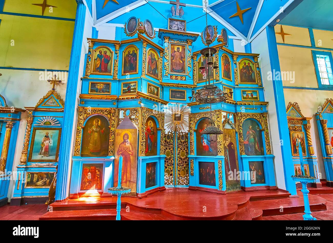 PEREIASLAV, UKRAINE - MAY 22, 2021: The medieval St George Church in Pereiaslav Scansen with ...