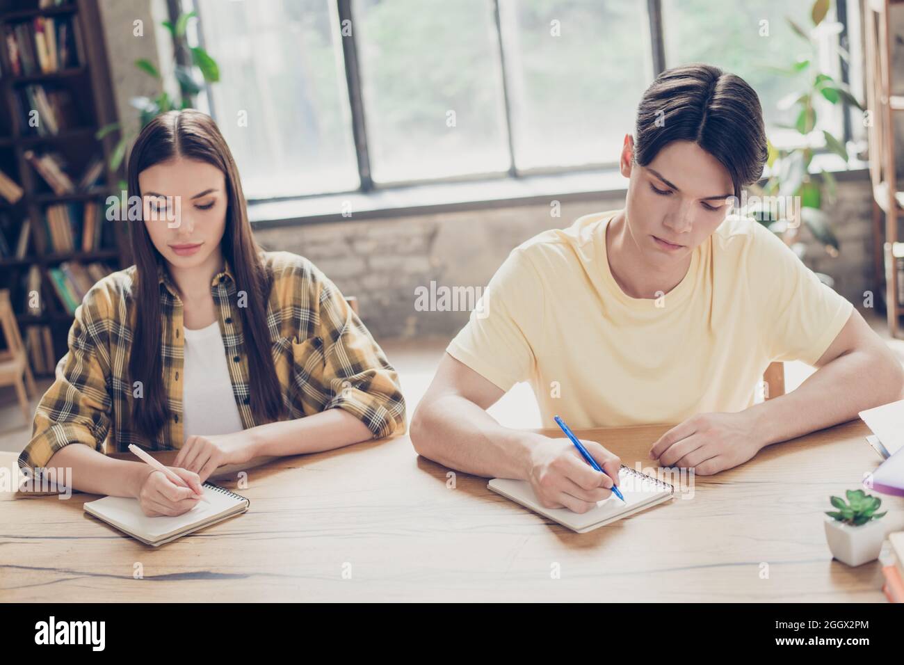 Portrait of two attractive busy focused learners doing home task ...