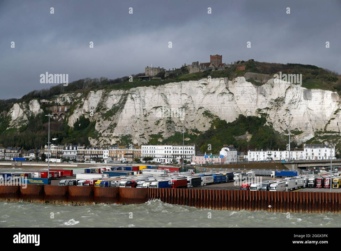 Trucks are seen parked ready to board a ferry at the Port of Dover in ...