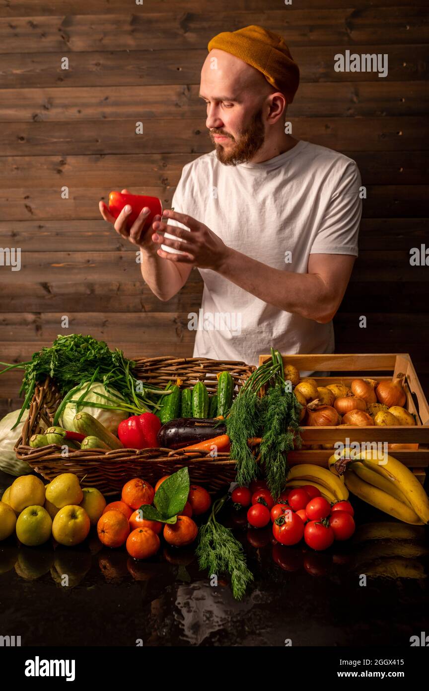 Farmer selling organic veg at market. Rustic style.Healthy food concept ...