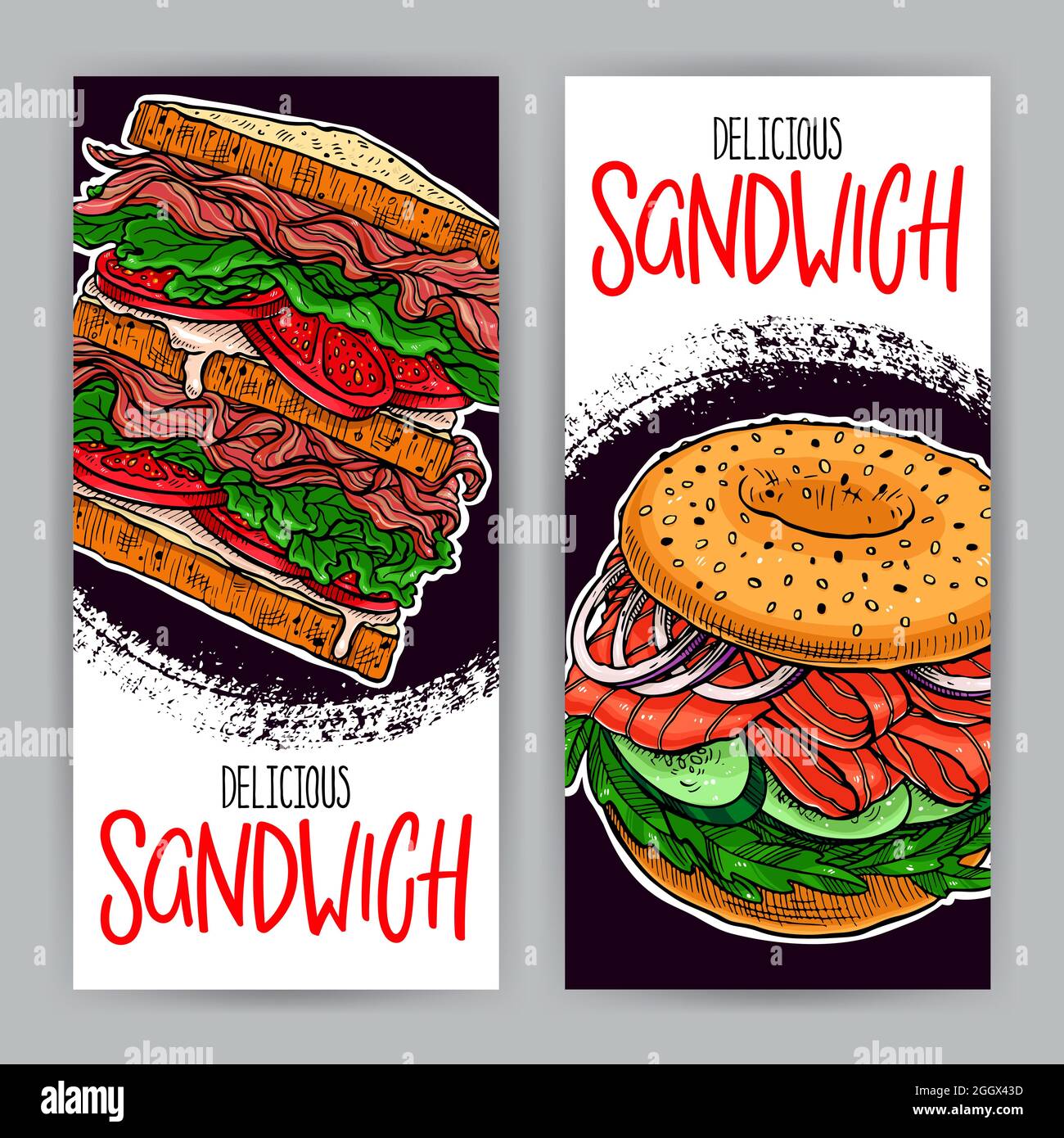 Two banners of delicious sandwiches. hand-drawn illustration Stock ...