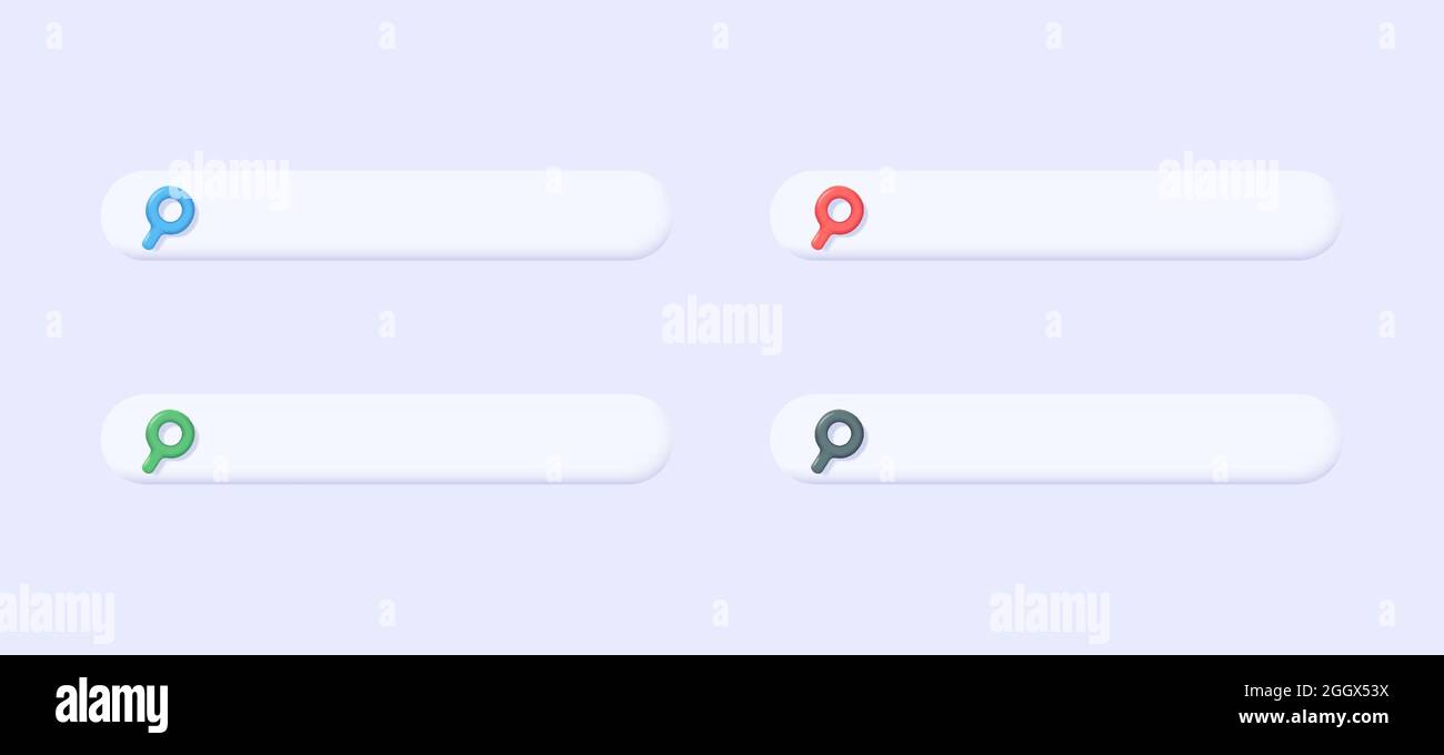 Set of 3d icons of search bar with magnifying glass in different colors ...