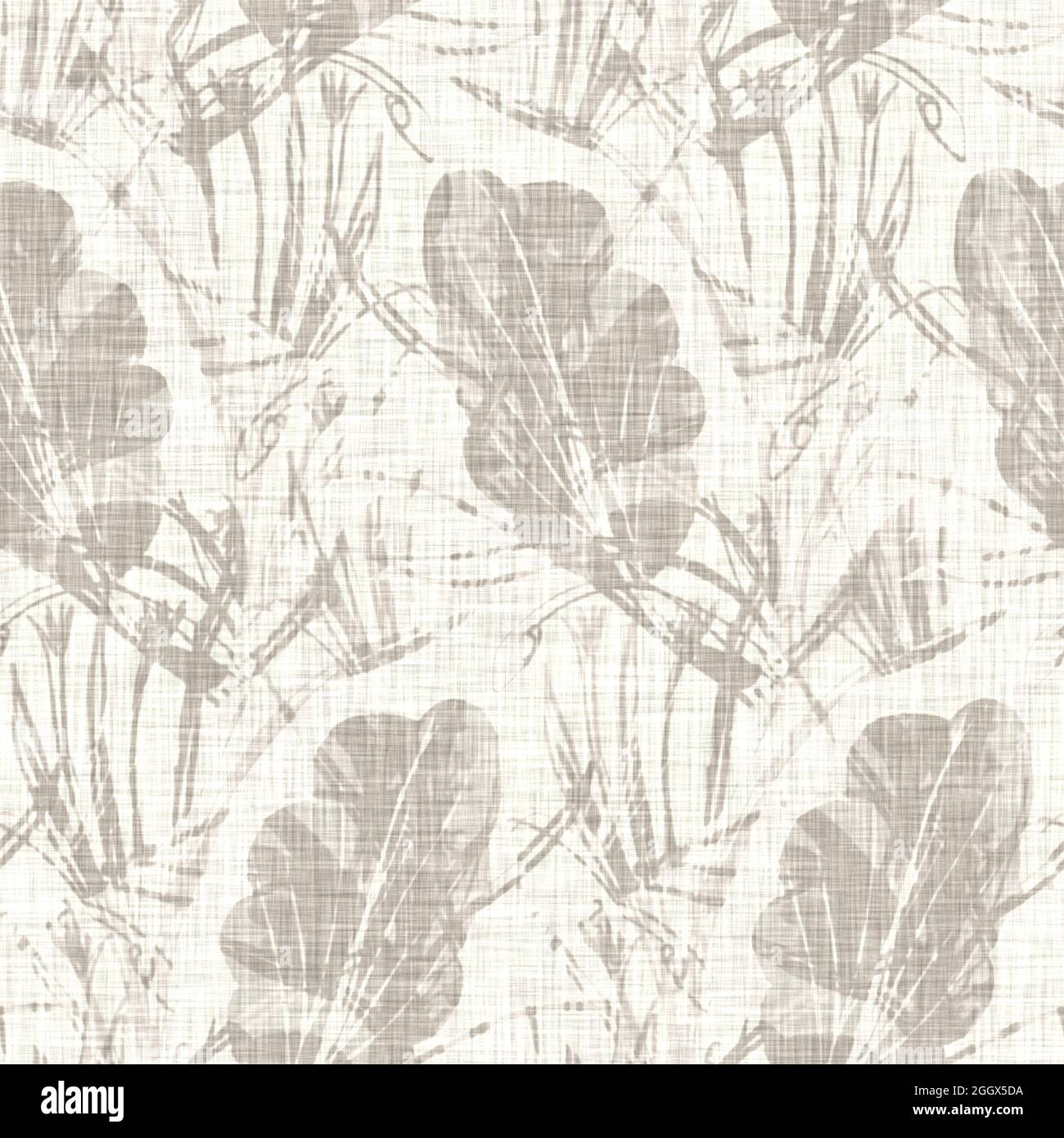 Hand drawn grey flower motif linen texture. Whimsical garden seamless ...