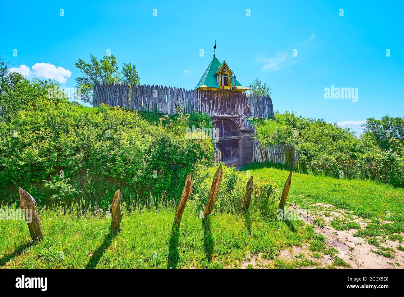 The gate and palisade of the reconstructed wooden Cossack Fortress with ...