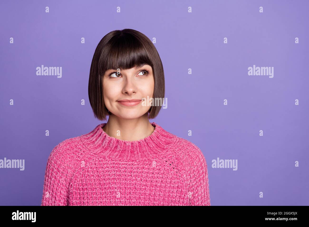 Portrait of young good mood smiling girl look copyspace dreaming ...