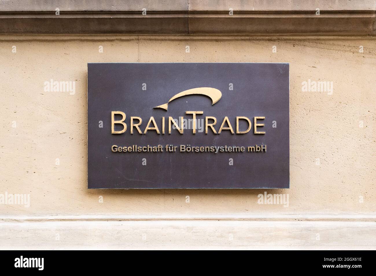 BrainTrade sign and logo outside Frankfurt stock exchange building ...