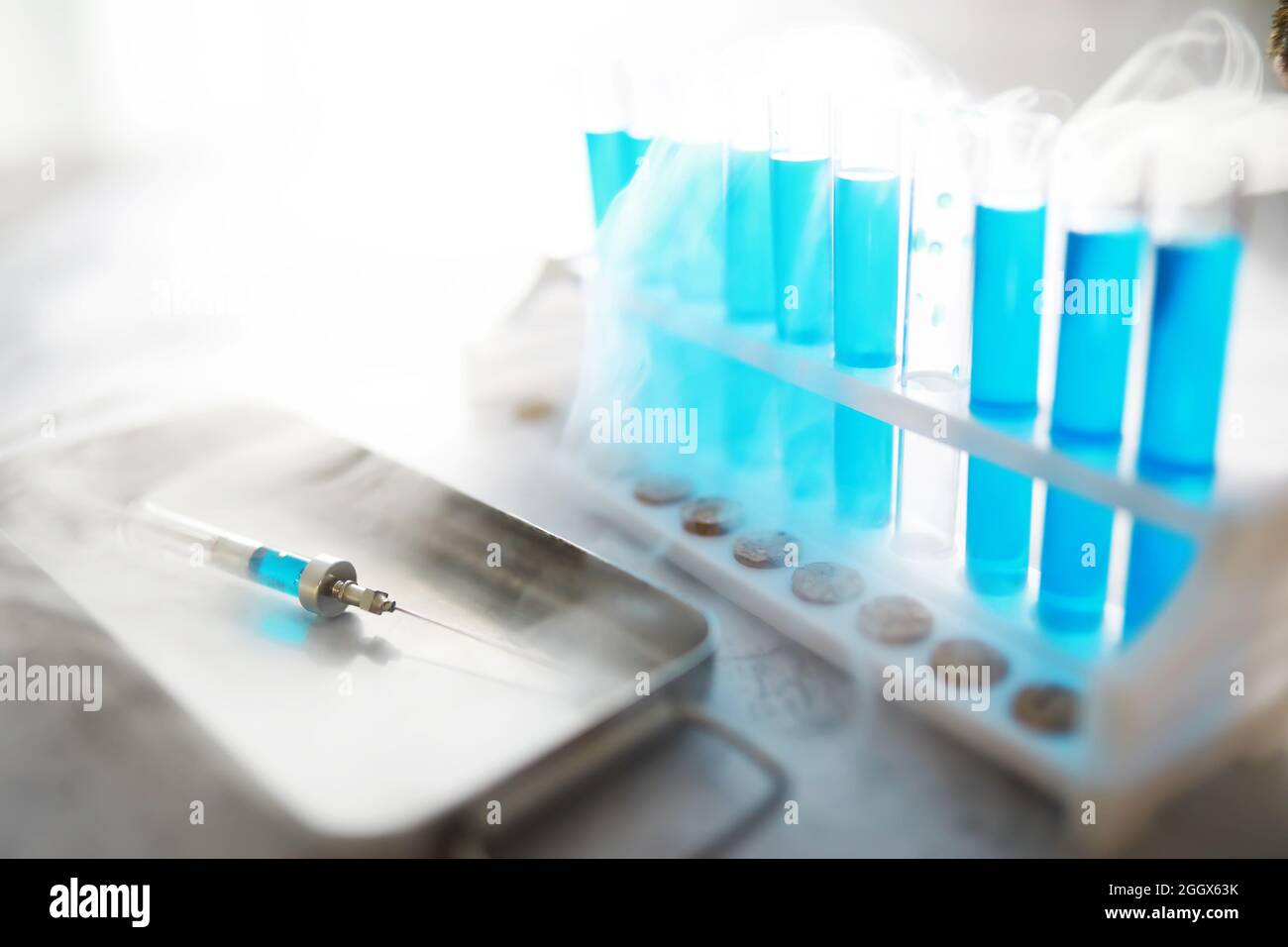 Test tube of glass overflows new liquid solution potassium blue ...