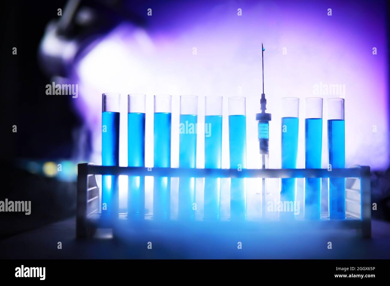 Test tube of glass overflows new liquid solution potassium blue ...