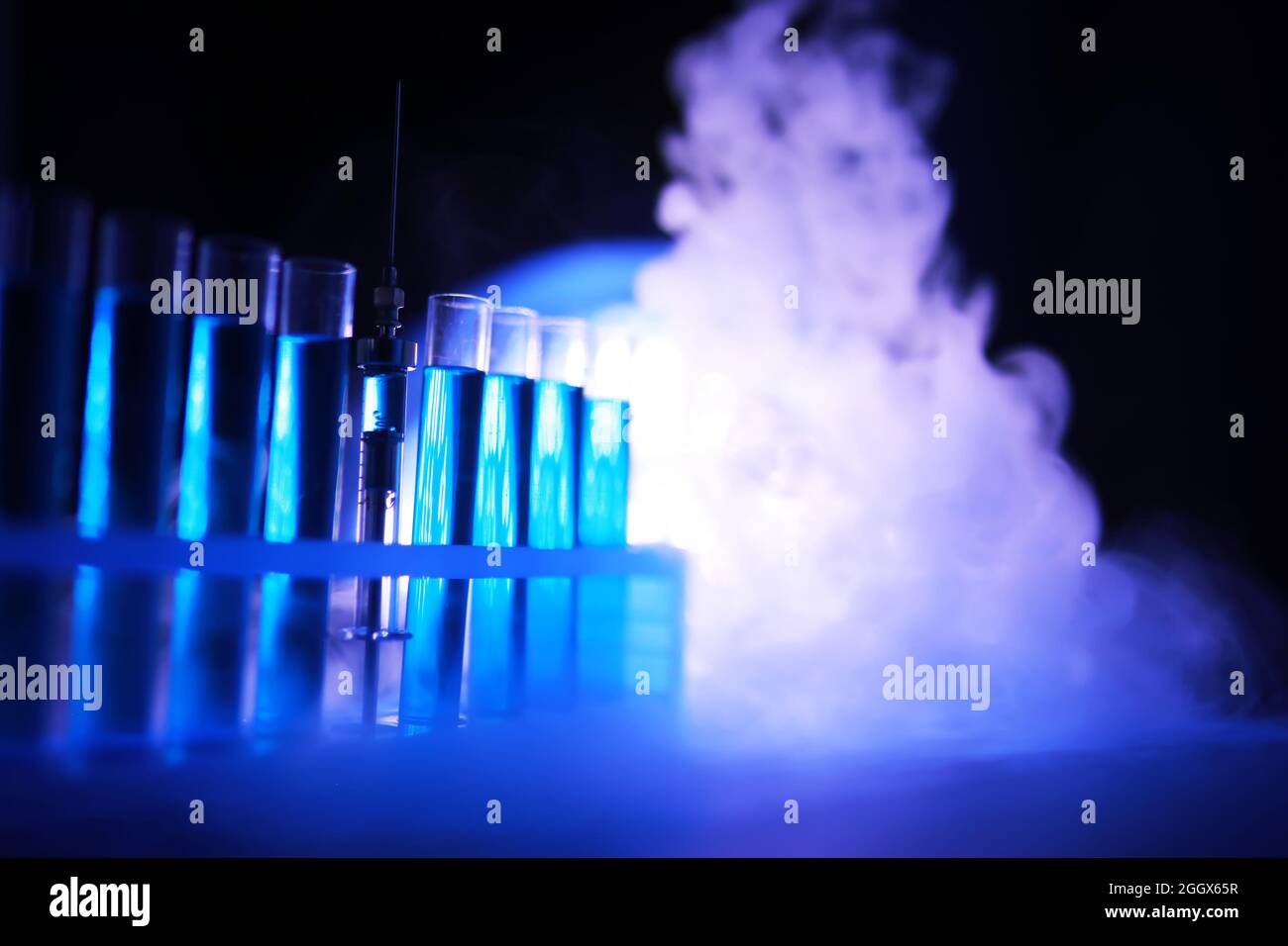 Test tube of glass overflows new liquid solution potassium blue ...