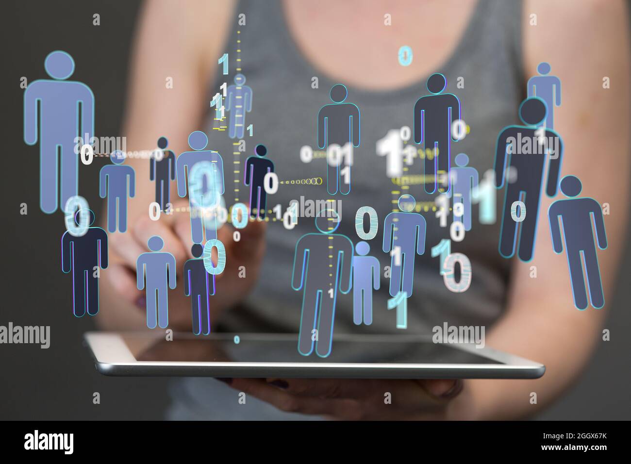 Person presenting a 3D render of modern computer show social network ...