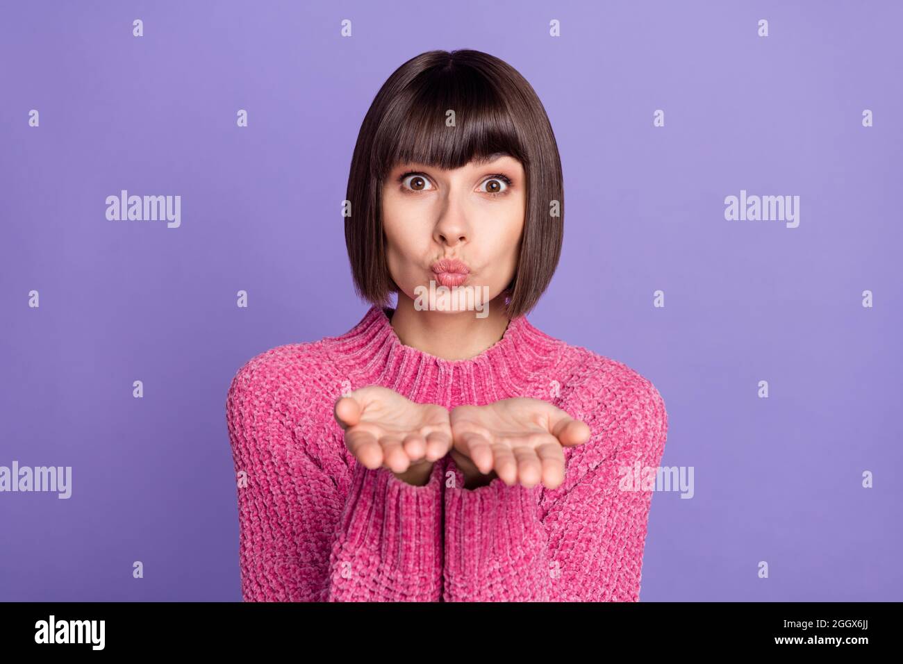 Photo of young beautiful pretty gorgeous woman send you air kiss date ...