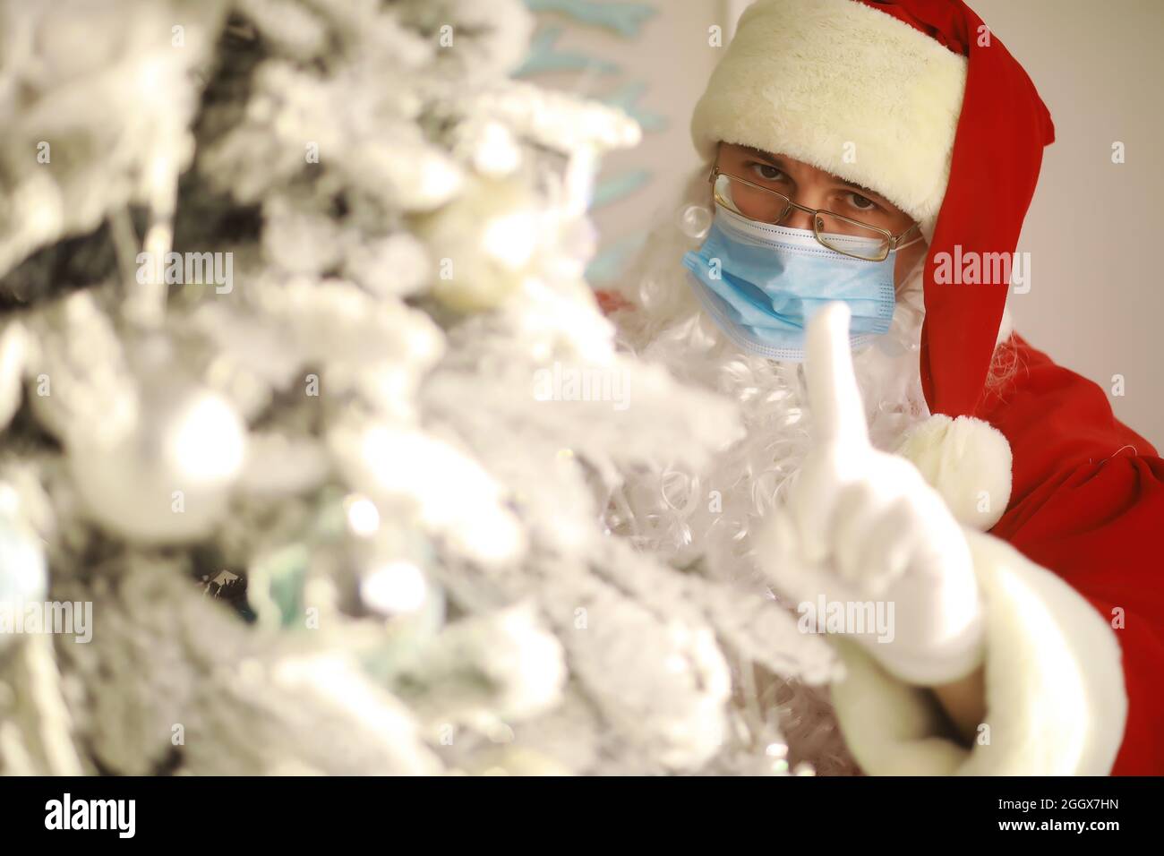Real Santa Claus and christmas tree on a background, wearing a ...