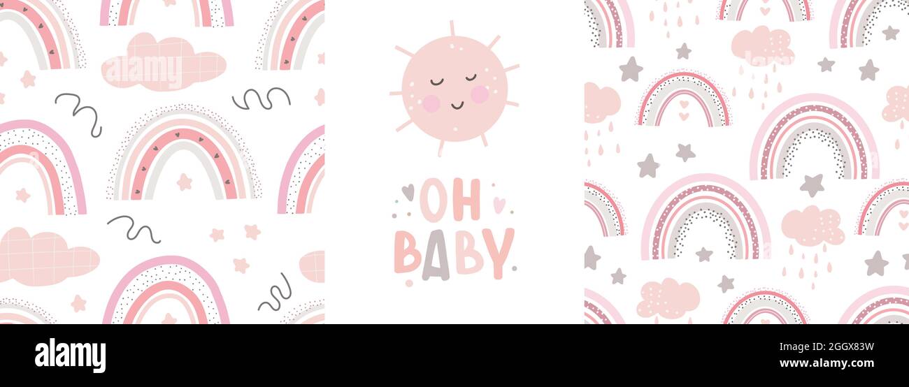Rainbow cute patterns and lettering - oh baby Stock Vector Image & Art ...