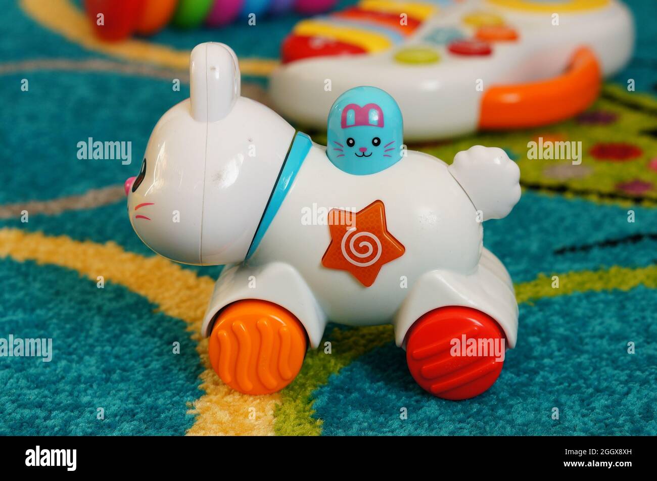 POZNAN, POLAND - Apr 09, 2015: A closeup shot of a plastic wheeled toy ...
