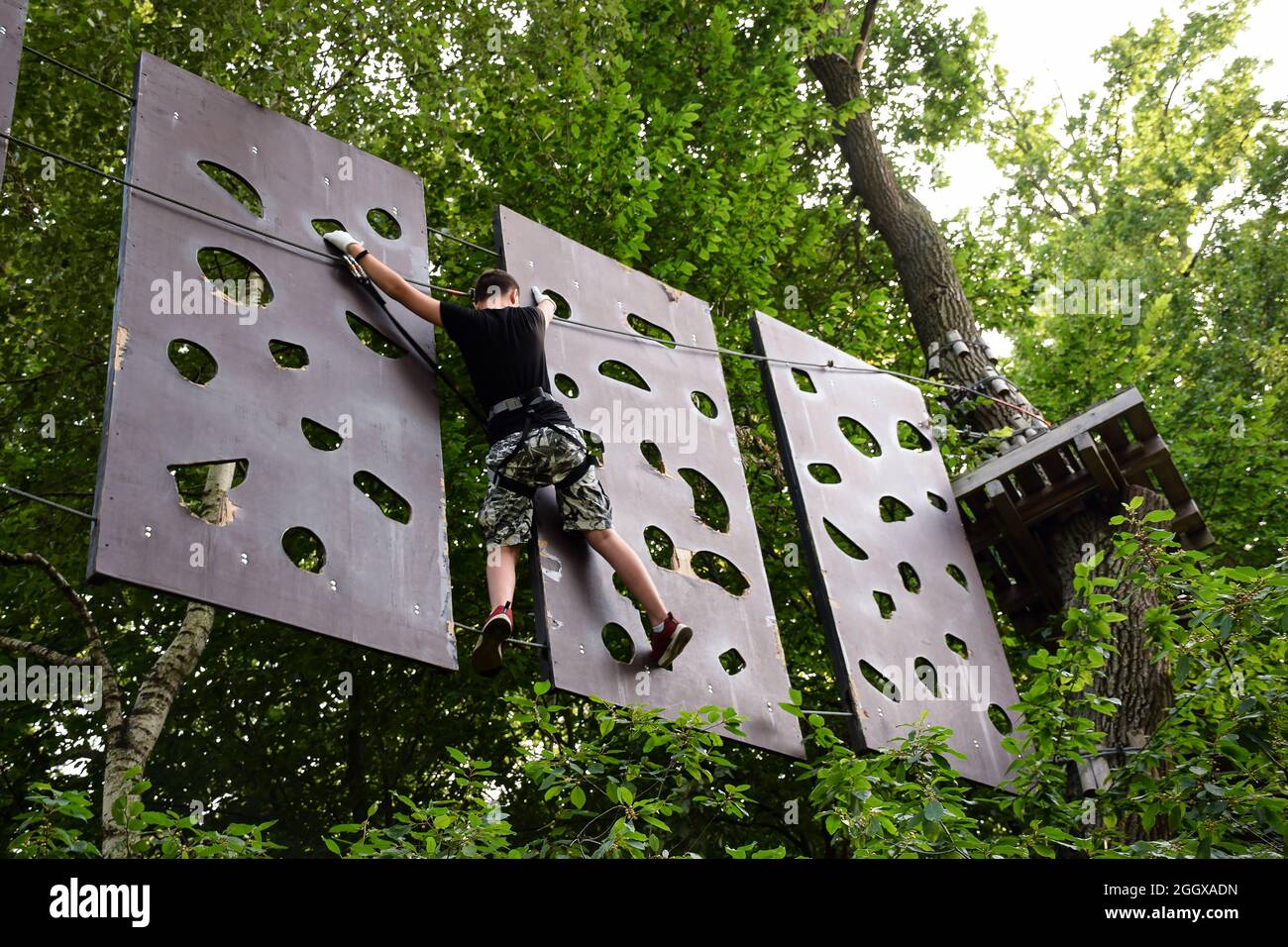 Young guy runs an obstacle course from tree to tree on a rope park ...