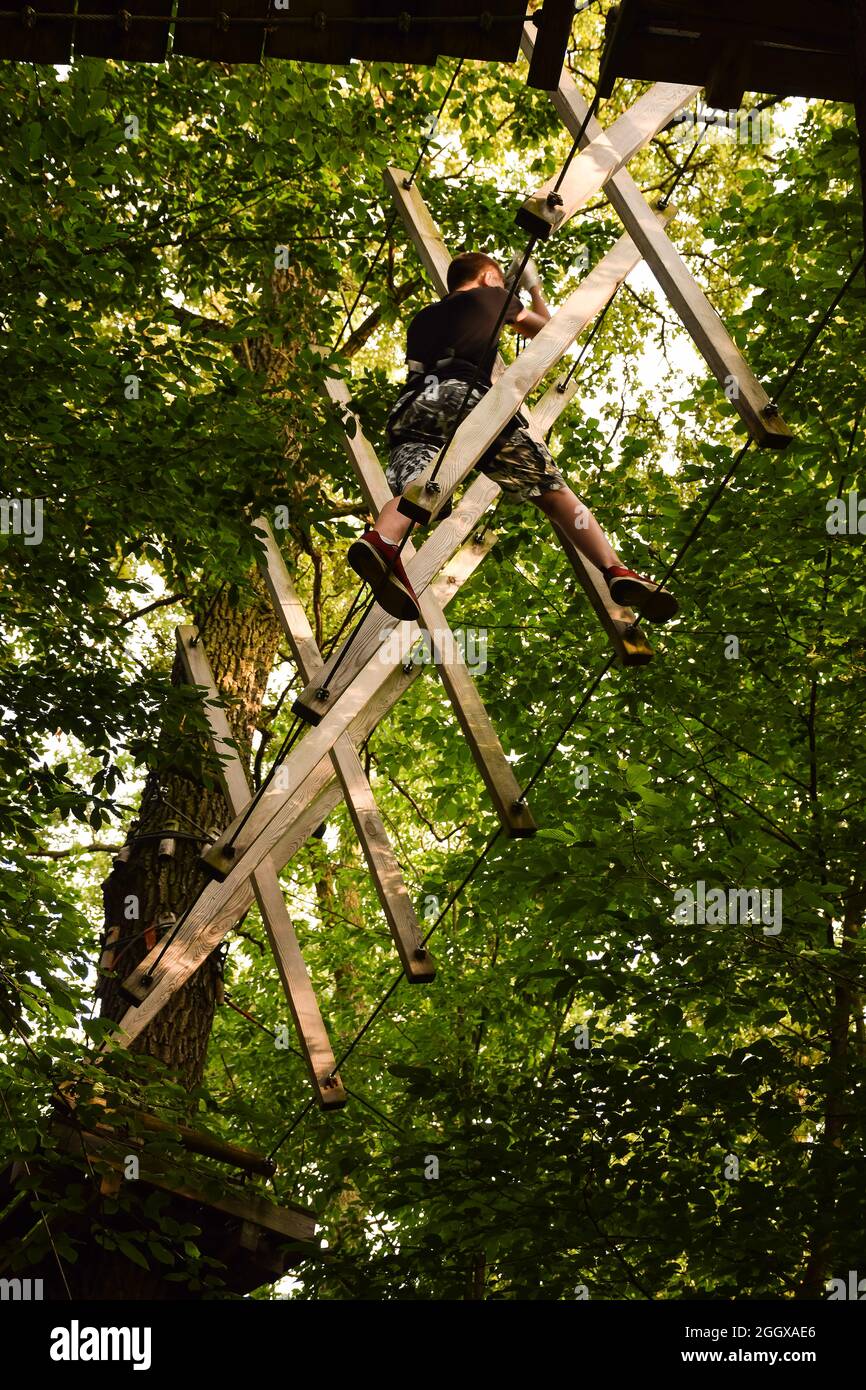 Young guy runs an obstacle course from tree to tree on a rope park ...
