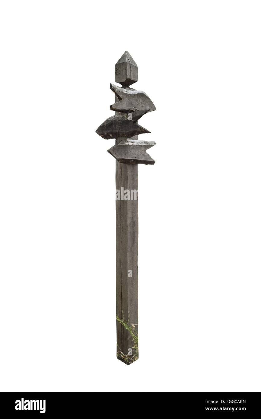 Wooden simple pillar with three direction signs on white isolated ...