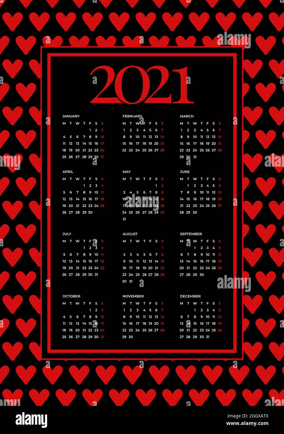 Red 2021 Calendar with Hearts Stock Vector Image & Art - Alamy