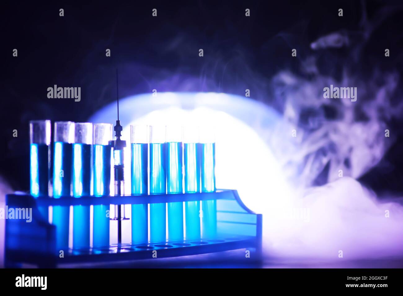 Test tube of glass overflows new liquid solution potassium blue ...