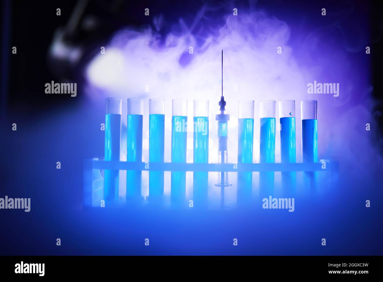 Test tube of glass overflows new liquid solution potassium blue ...