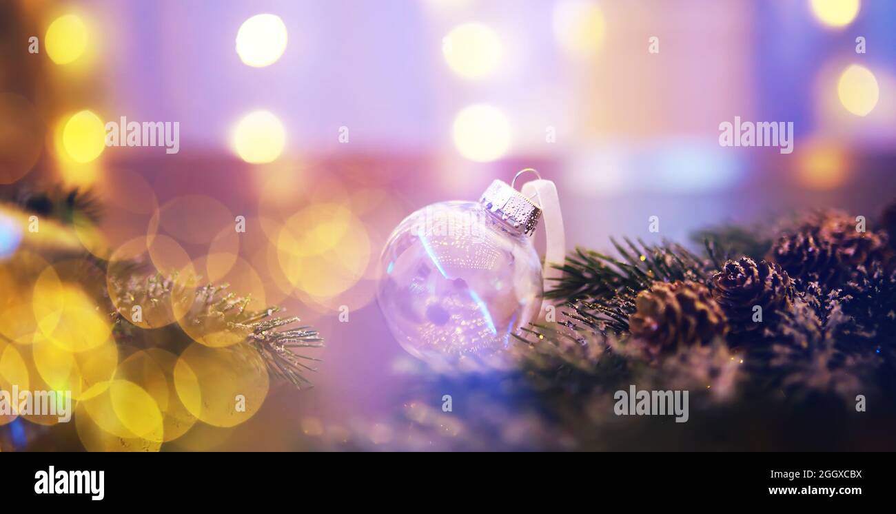 Snow Ball With Christmas Tree And Lights On Winter Background Stock ...