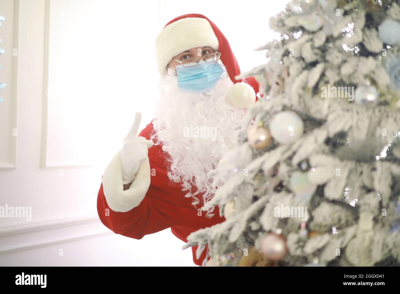 Real Santa Claus and christmas tree on a background, wearing a ...