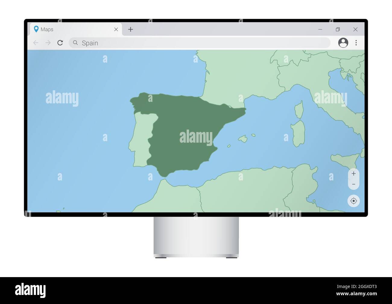 Computer monitor with map of Spain in browser, search for the country ...