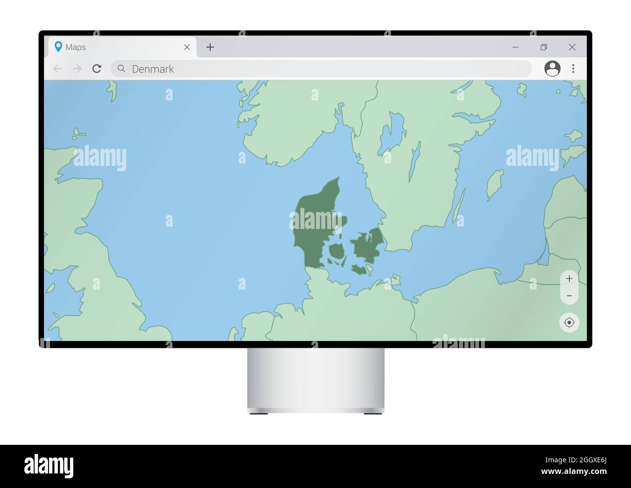 Computer monitor with map of Denmark in browser, search for the country ...