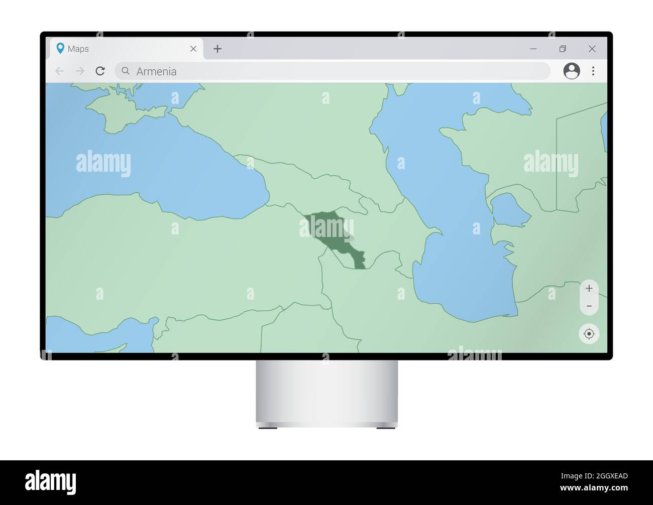 Computer monitor with map of Armenia in browser, search for the country ...