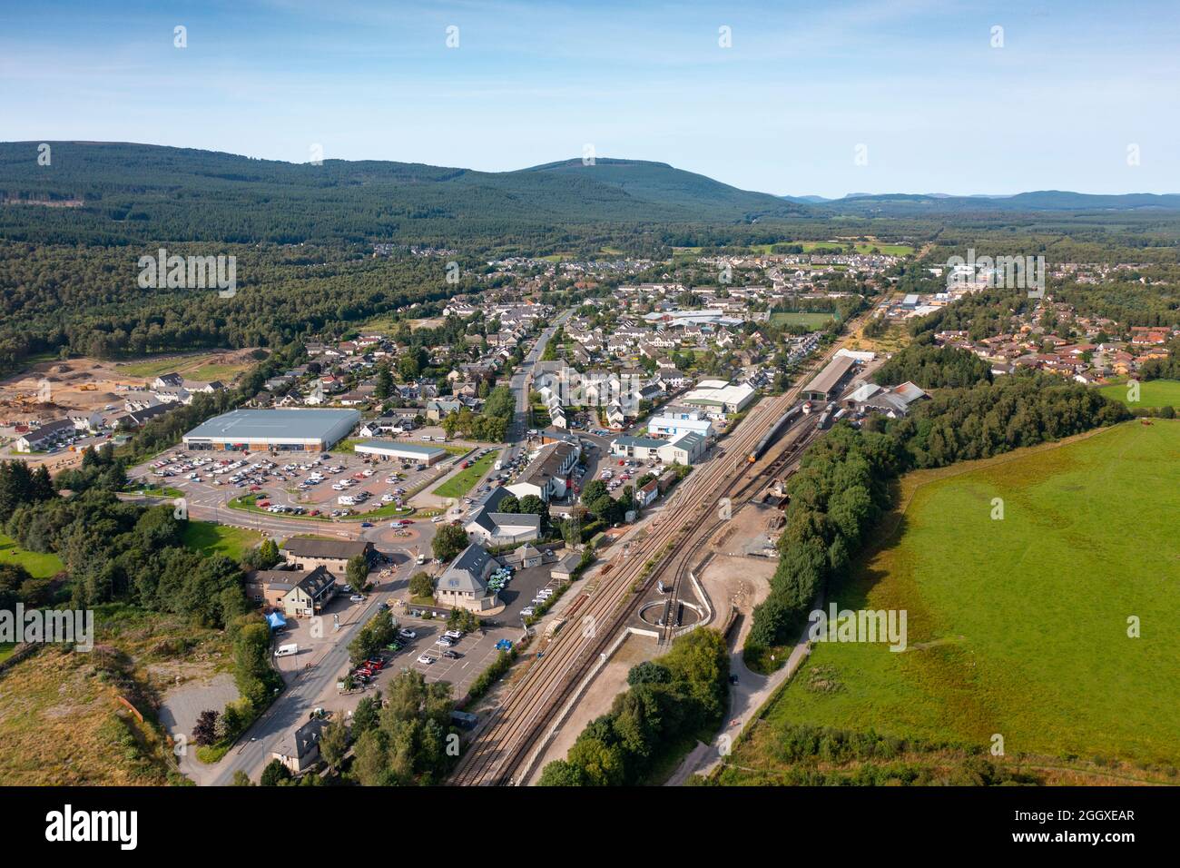 Aerial view from drone of the village of Aviemore, Cairngorms National ...
