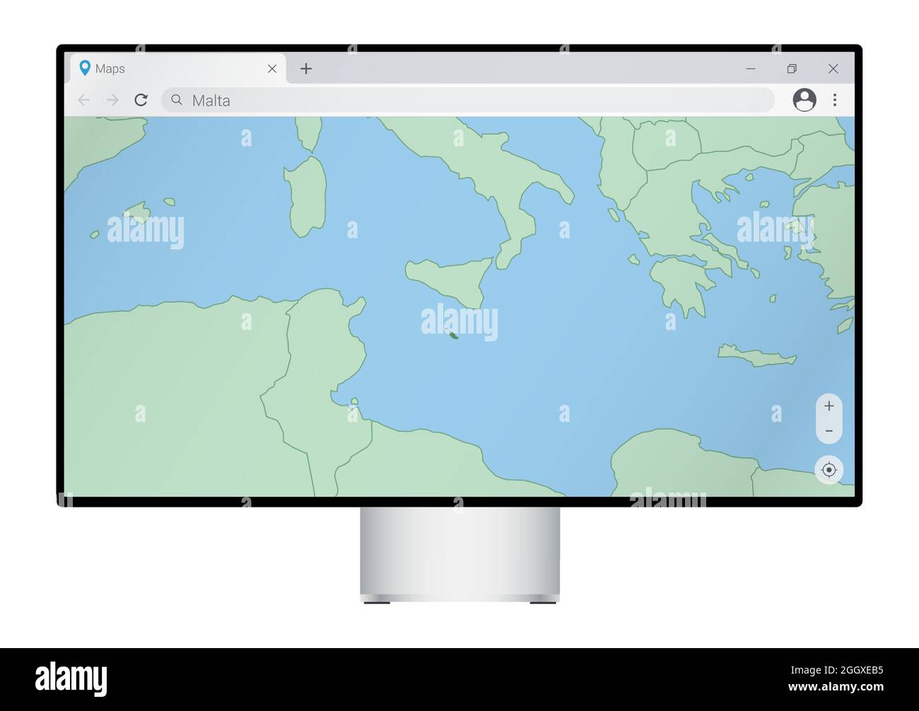 Computer monitor with map of Malta in browser, search for the country ...