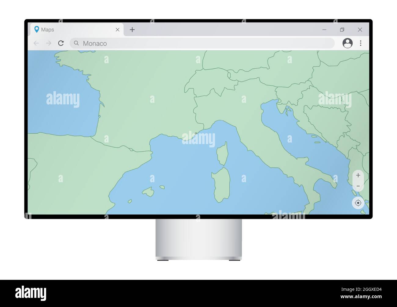 Computer monitor with map of Monaco in browser, search for the country ...