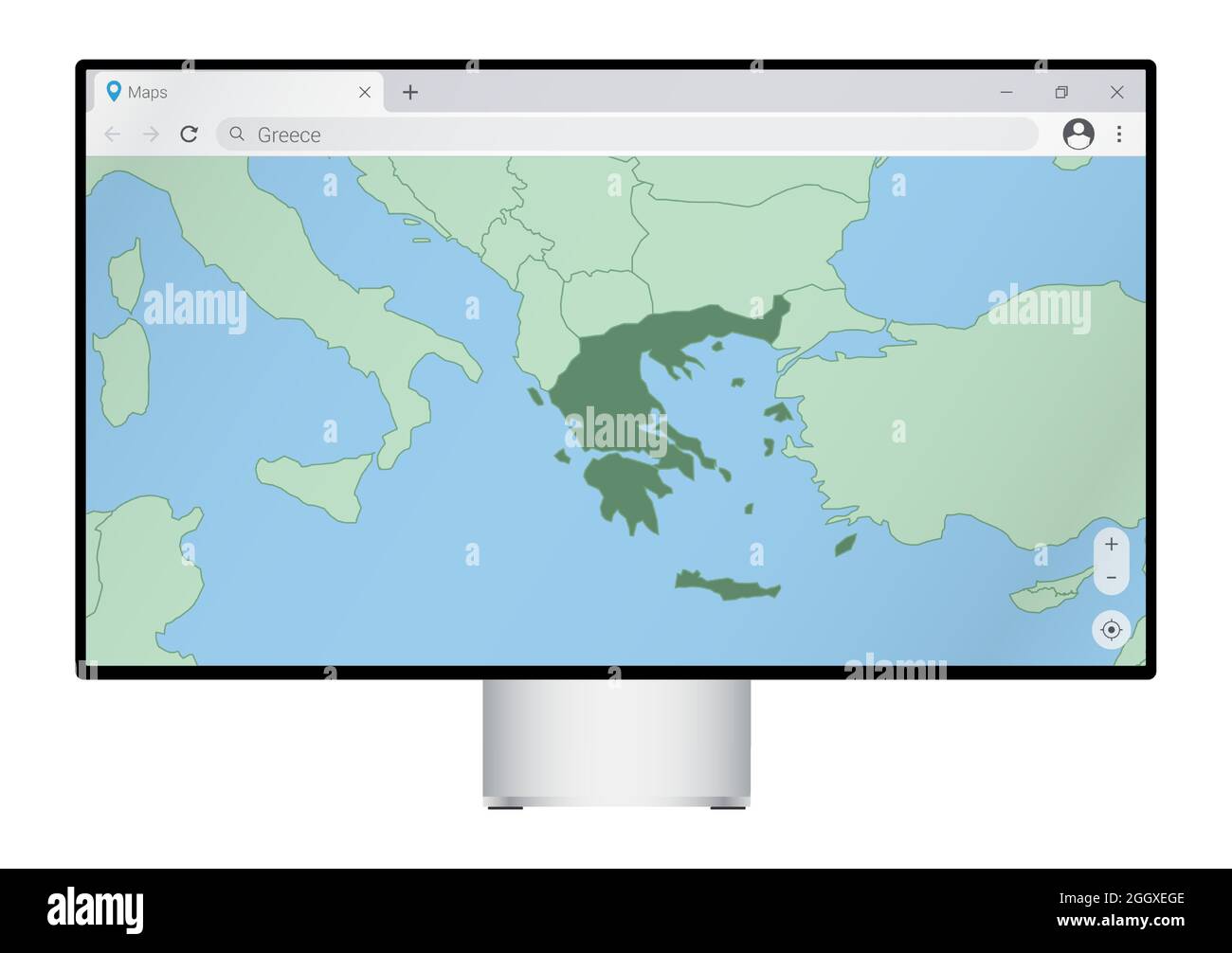 Computer monitor with map of Greece in browser, search for the country ...
