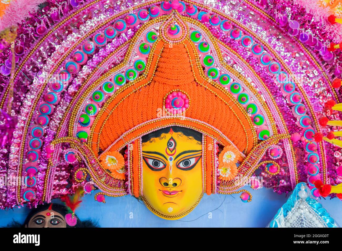 Colorful Chhau (or chhou) mask of Hindu God , handicrafts on display ...