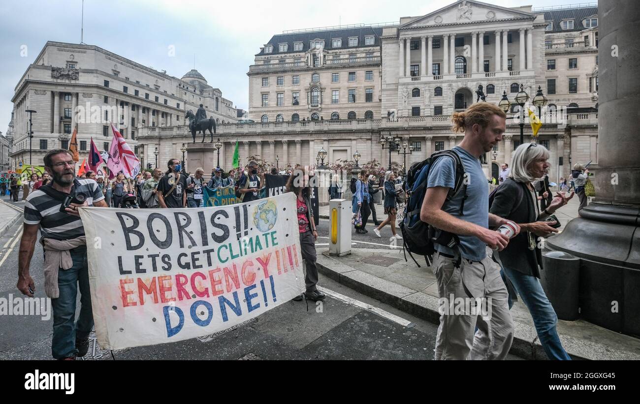 London, UK. 3rd Sep 2021. Extinction Rebellion march through the City ...