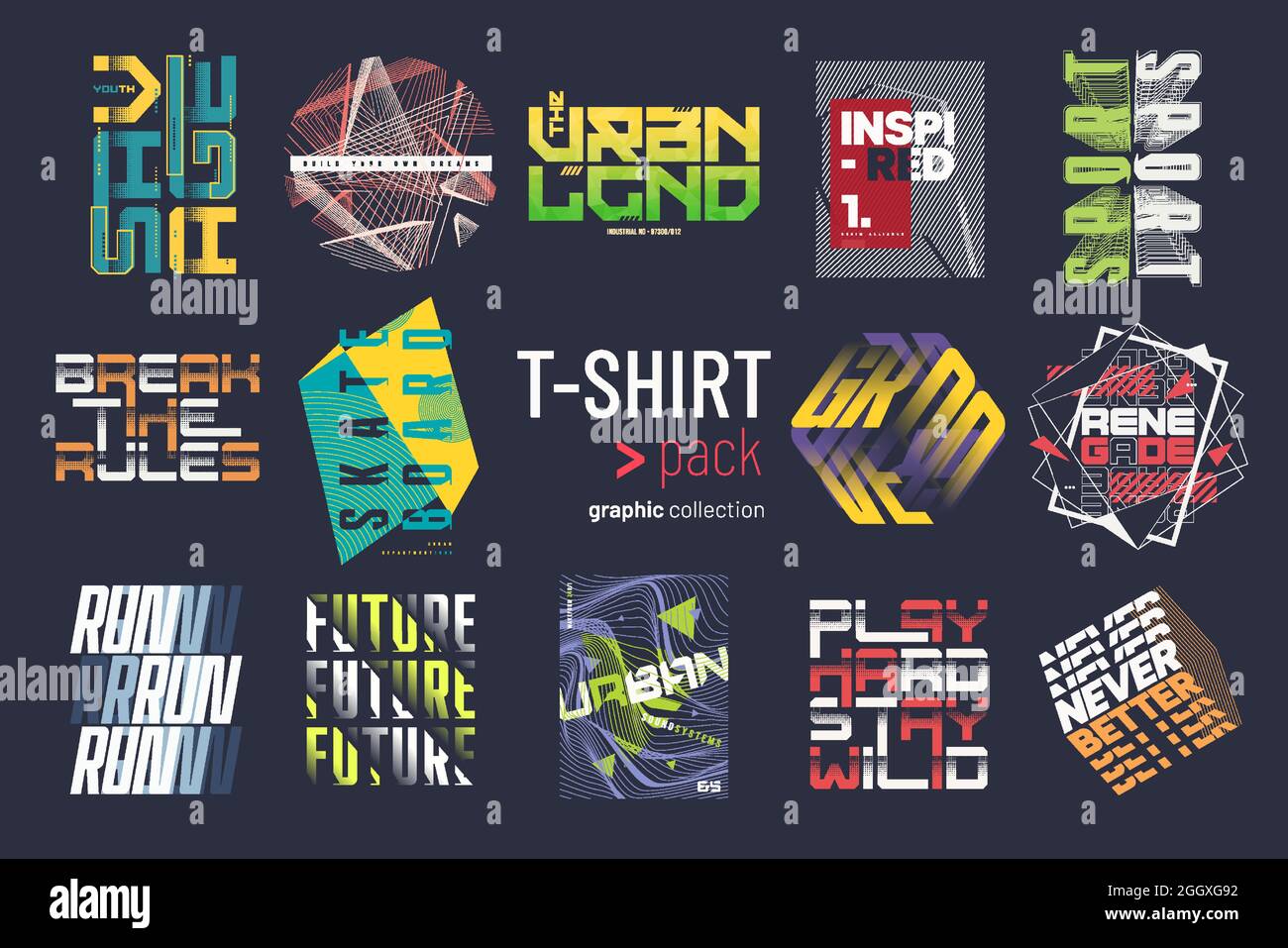 Collection of fourteen colorful vector t-shirt graphic designs, prints ...