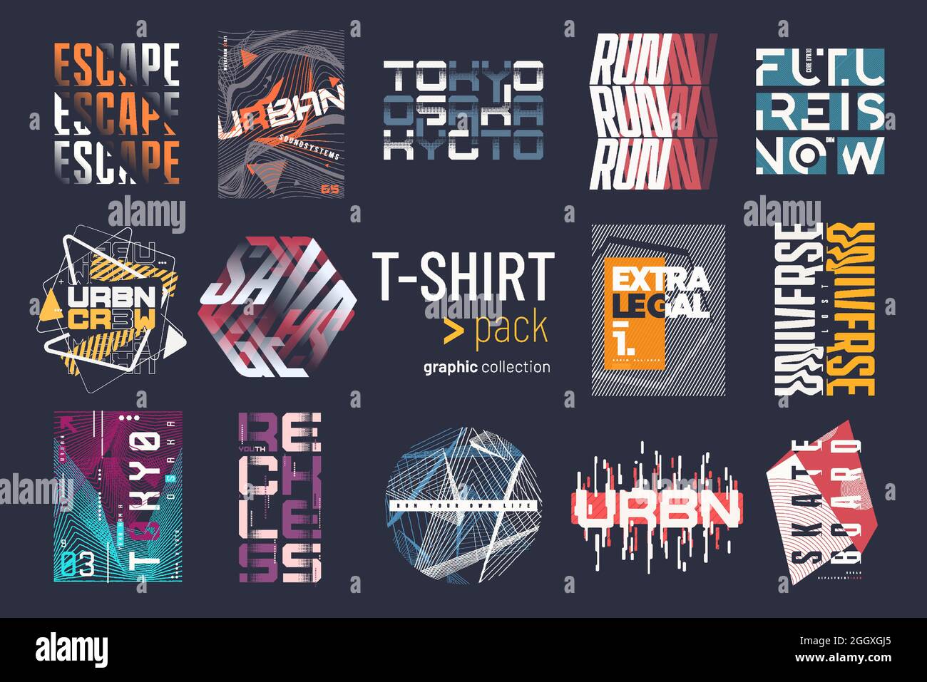 Collection of fourteen colorful vector t-shirt graphic designs, prints ...