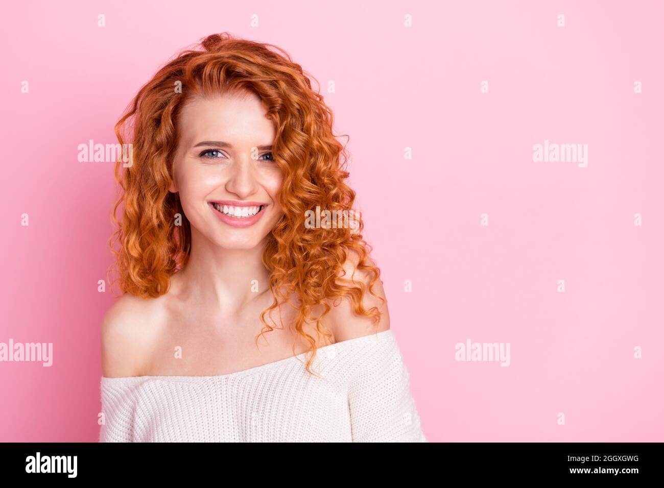 Photo of young attractive girl happy positive toothy smile ginger hair ...