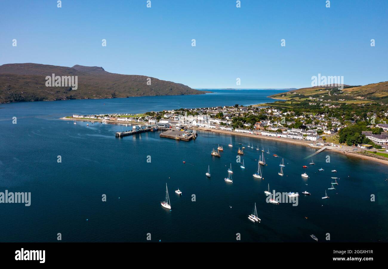 Aerial view from drone of town of Ullapool, Ross and Cromarty, Highland ...