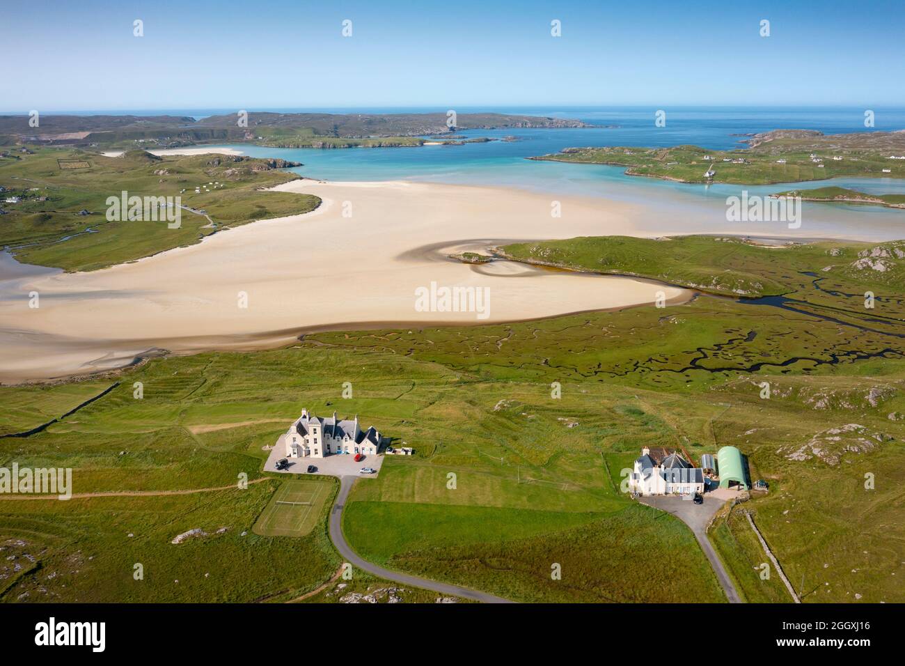 Aerial view from drone of Uig sands beach on west coast of Isle of ...