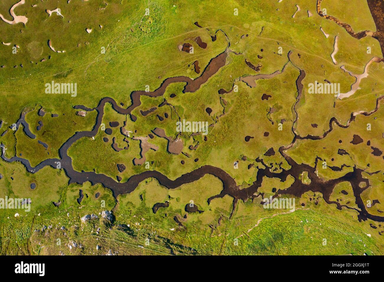 Aerial view from drone of river estuary on west coast of Isle of Lewis ...