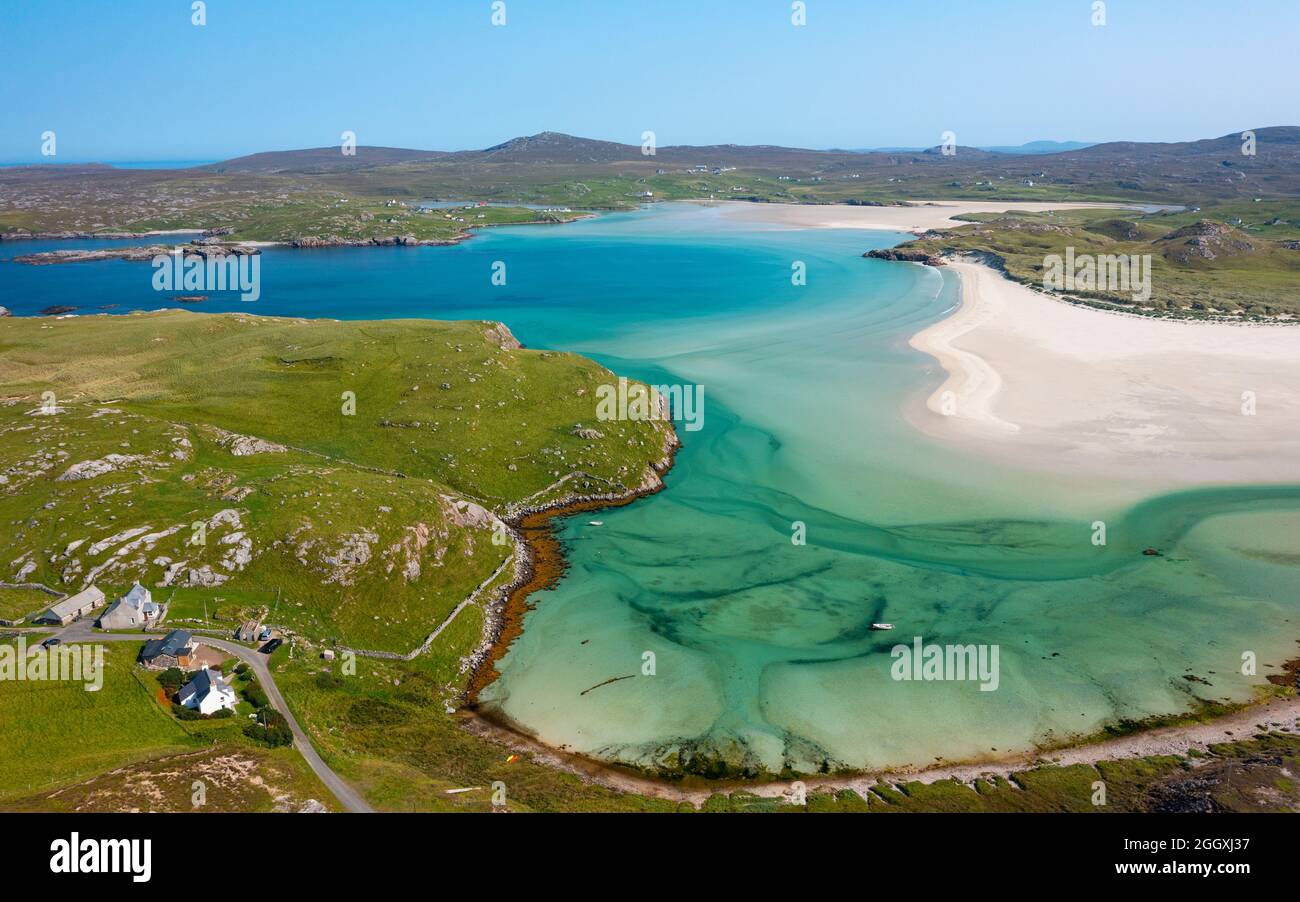 Aerial view from drone of Uig sands beach from Carnish on west coast of ...