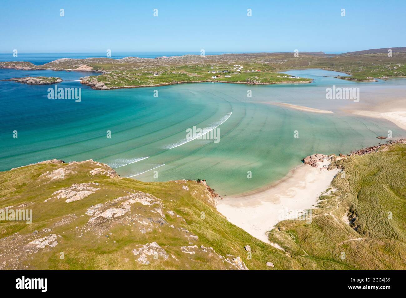 Aerial view from drone of Uig sands beach on west coast of Isle of ...