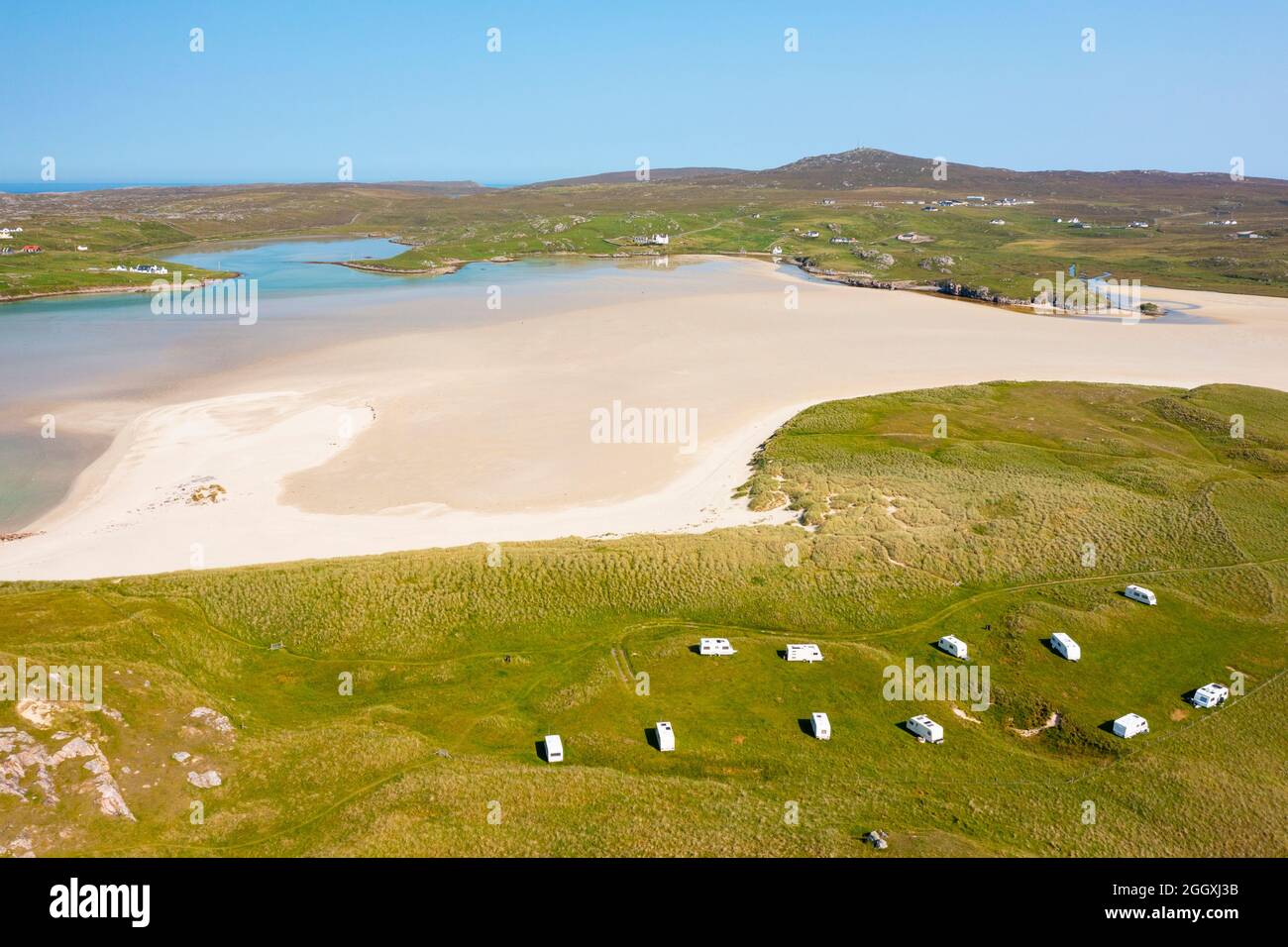 Aerial view from drone of Uig sands beach on west coast of Isle of ...