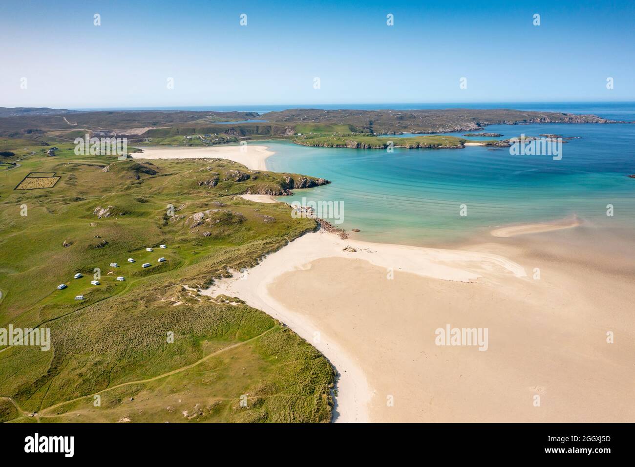 Aerial view from drone of Uig sands beach on west coast of Isle of ...