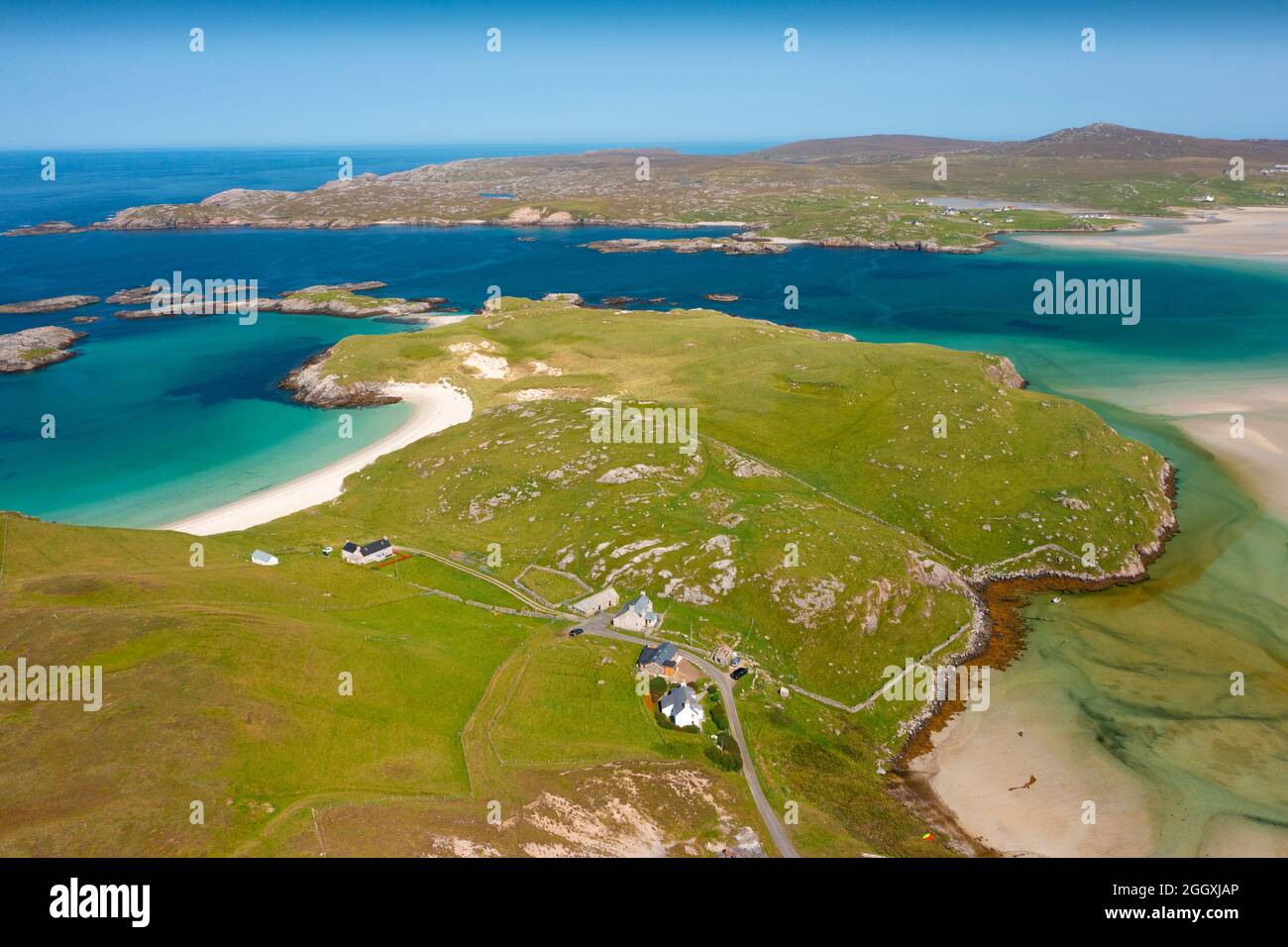 Aerial view from drone of Uig sands beach from Carnish on west coast of ...
