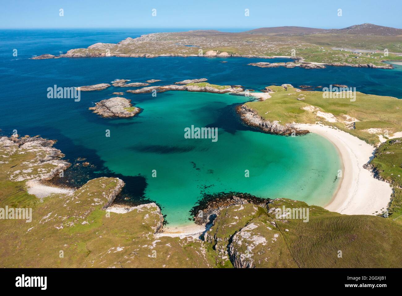 Aerial view from drone of Uig sands beach from Carnish on west coast of ...